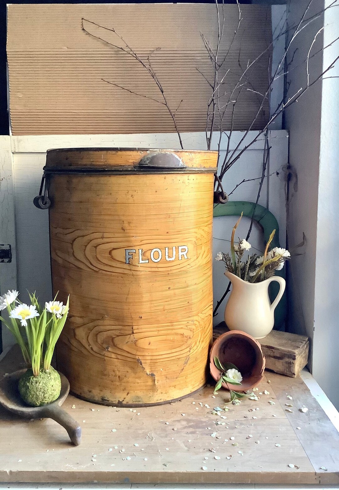 Antique Industrial Size Deluxe Flour Tin Metal Canister Wood - Etsy