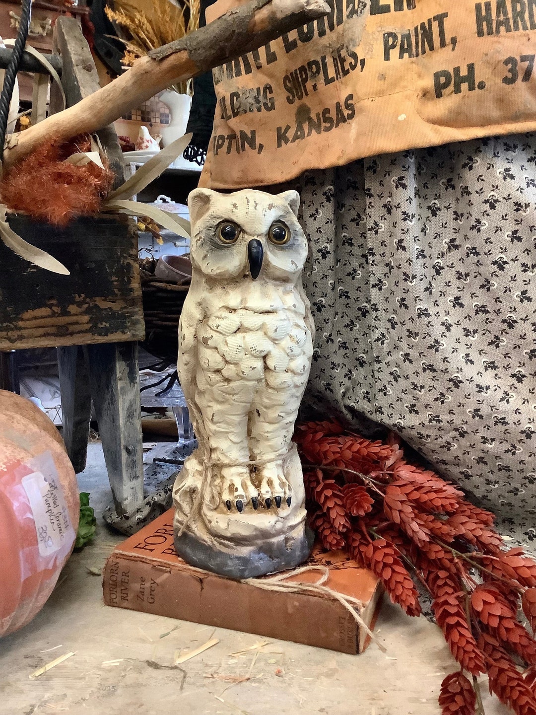 Paper Mache White Owl 10" Fall Autumn Harvest Decor Primitive Rustic ...