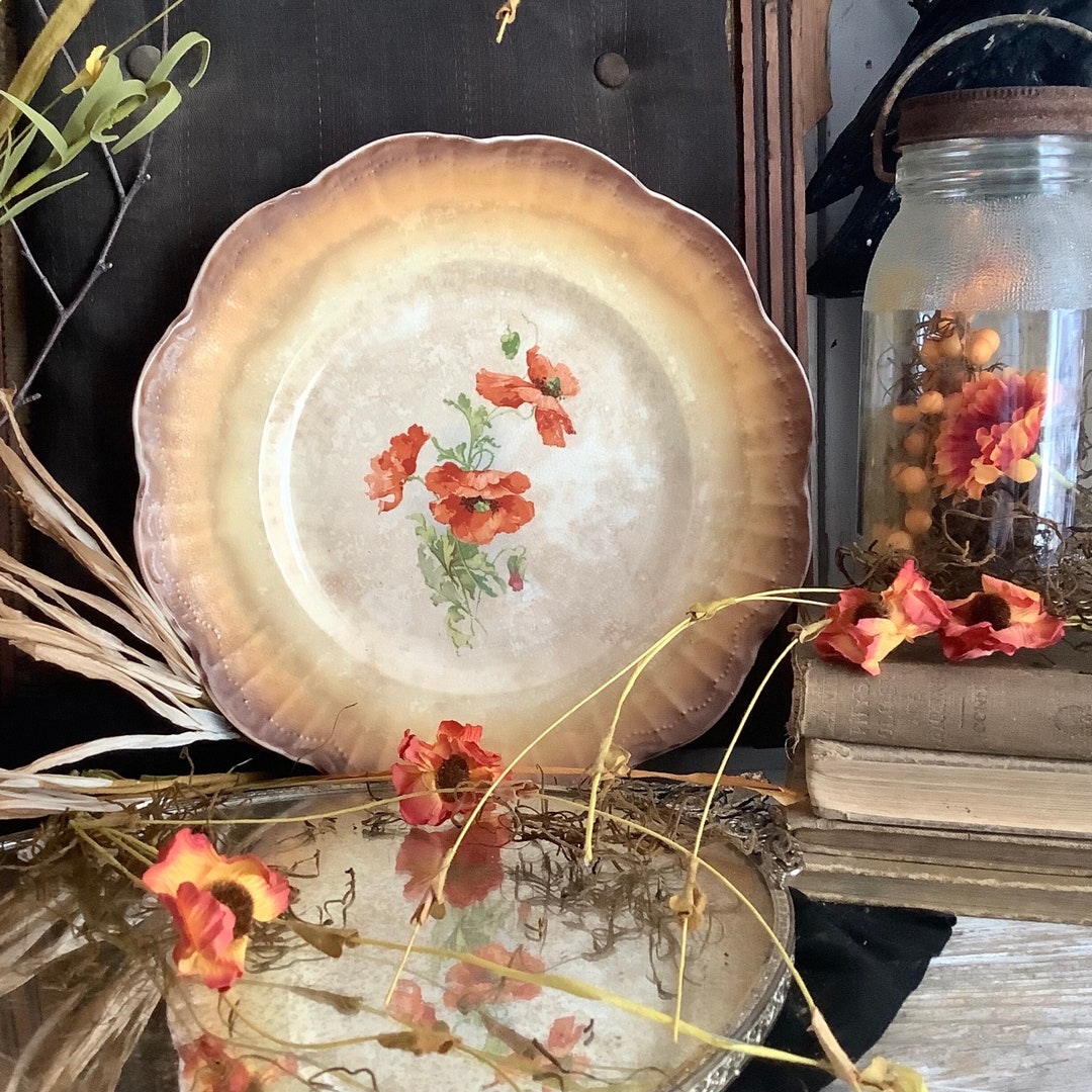 Antique Poppy Plate 10 Vintage Flowers Botanical Aged Stained Crazed ...