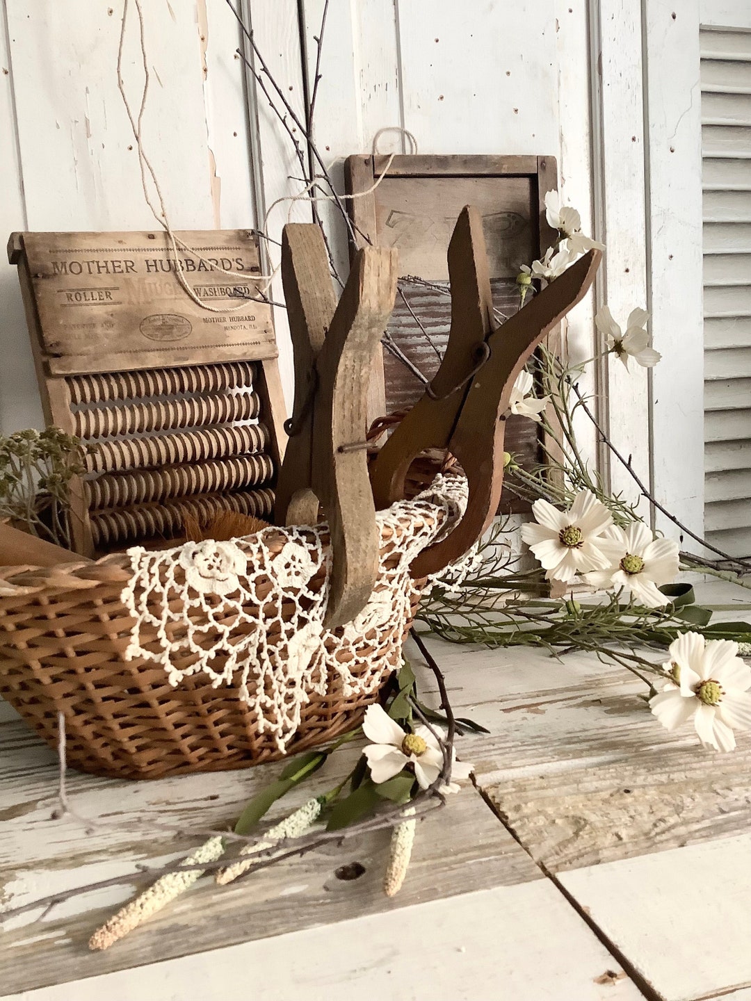 Antique Large Wood Rug Clothesline Clamp Clothespin Country Cottage ...