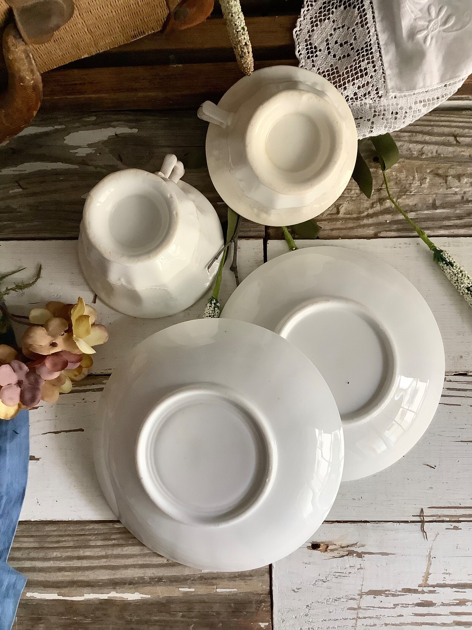 2 Antique China Cups and Saucers Ivory & Gold Embossed Beaded Swag Tea ...