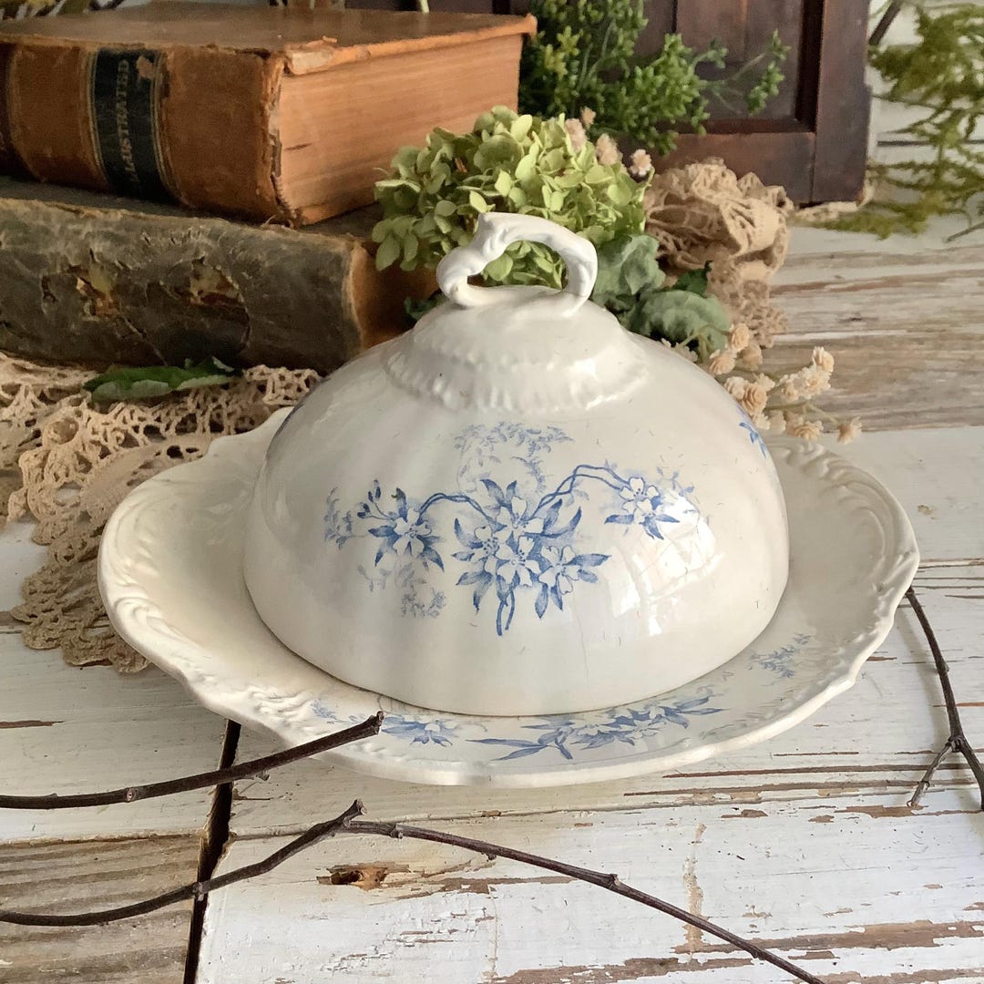 Antique Round Covered Butter Dish Plate Blue Floral Transferware French ...