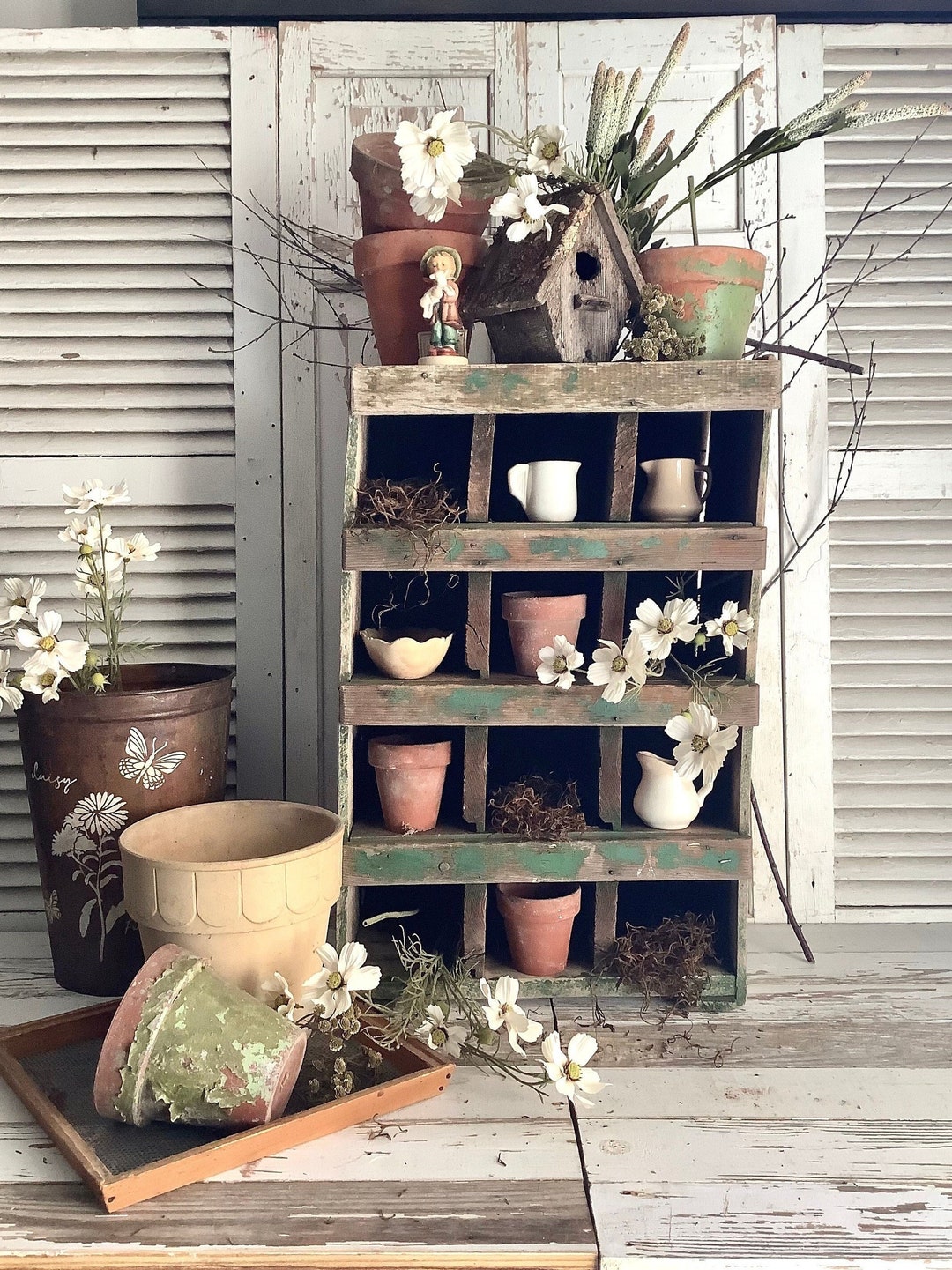 Antique Green Wood Divided Crate Cubbies Primitive Rustic Sorter ...