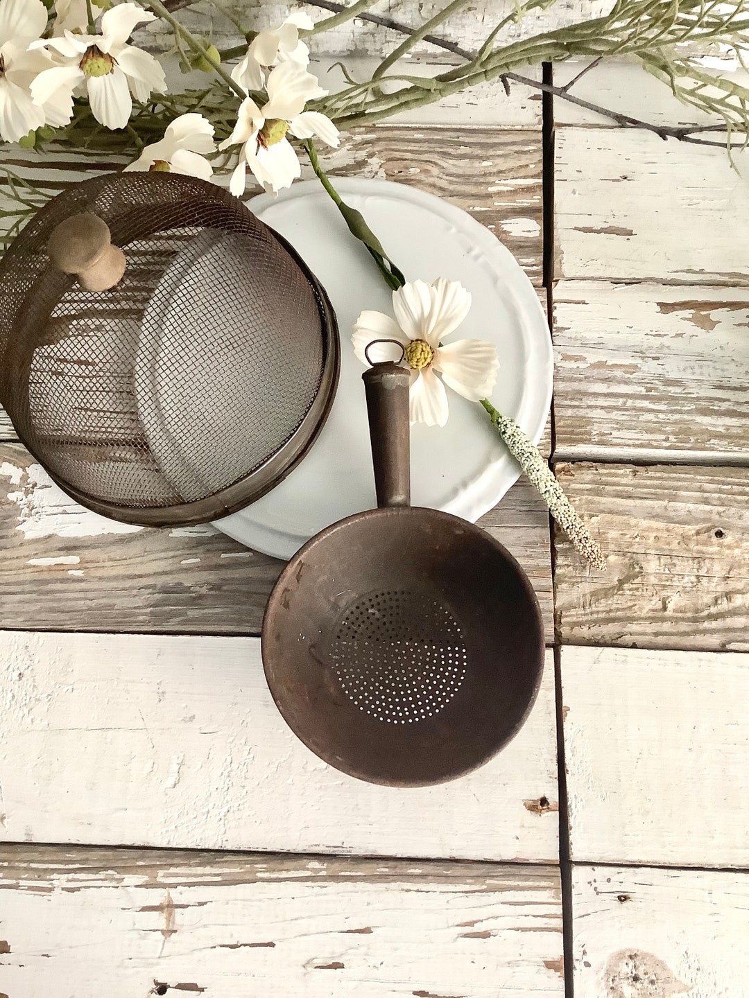 Antique Tin Strainer Sieve Metal Kitchen Tea Cooking Baking French ...