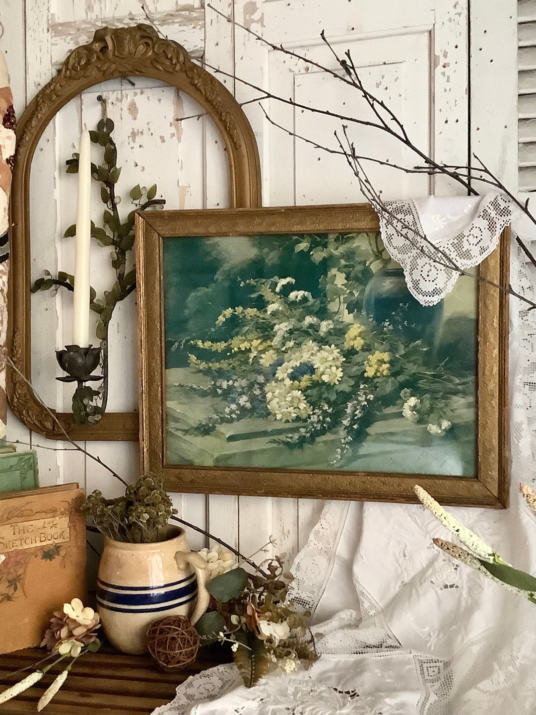 Vintage Framed Floral Litho Print Picture 18x15 Vase and Flowers Still ...