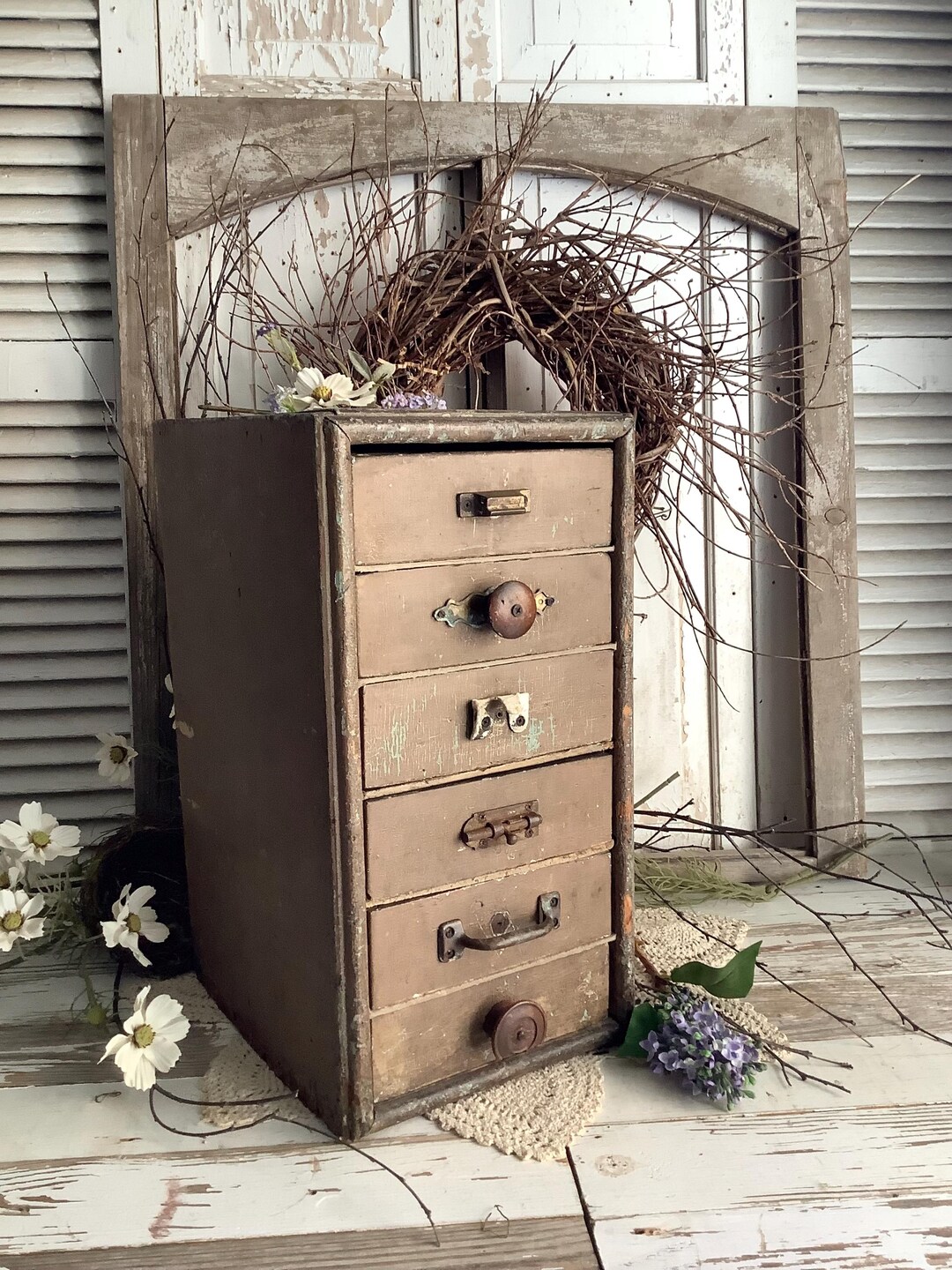 Antique Wood Drawers Cabinet Chest Apothecary Craft Room Notions French ...