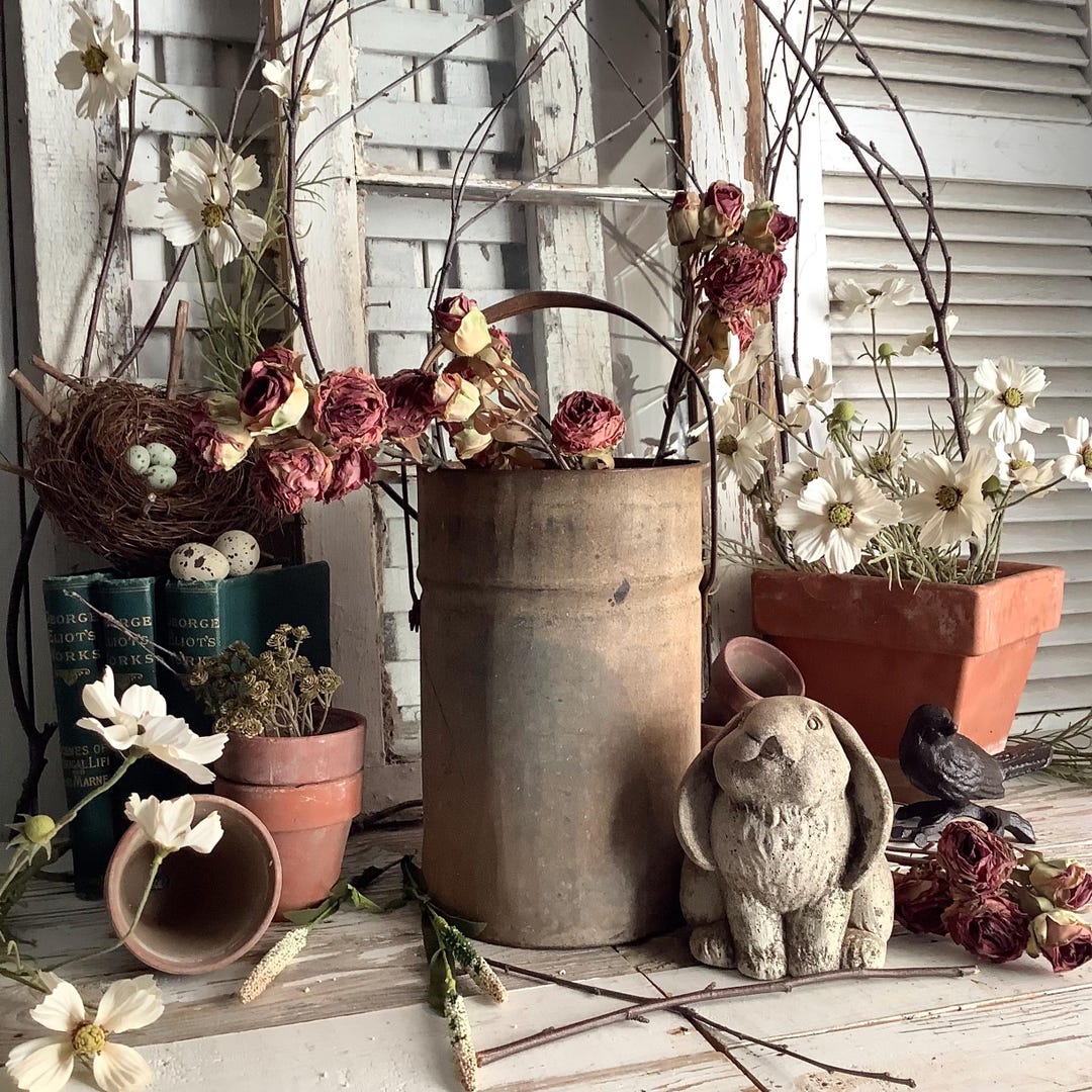 Vintage Galvenized Metal Well Bucket Pail 10"t Rustic Farmhouse Kitchen ...