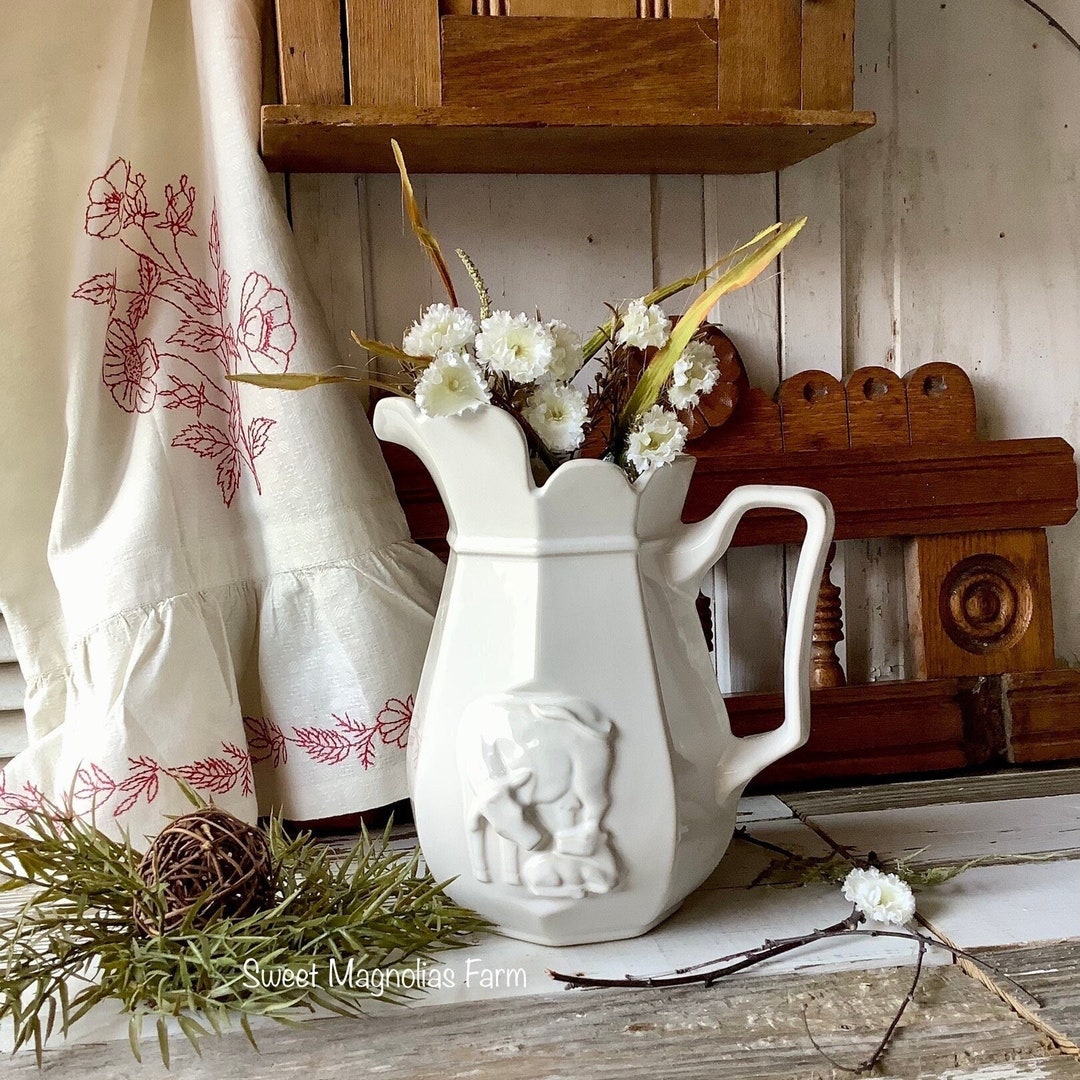 Vintage White Pitcher Cow Calf USA Pottery 10 Milk Water Tea Farm Table ...