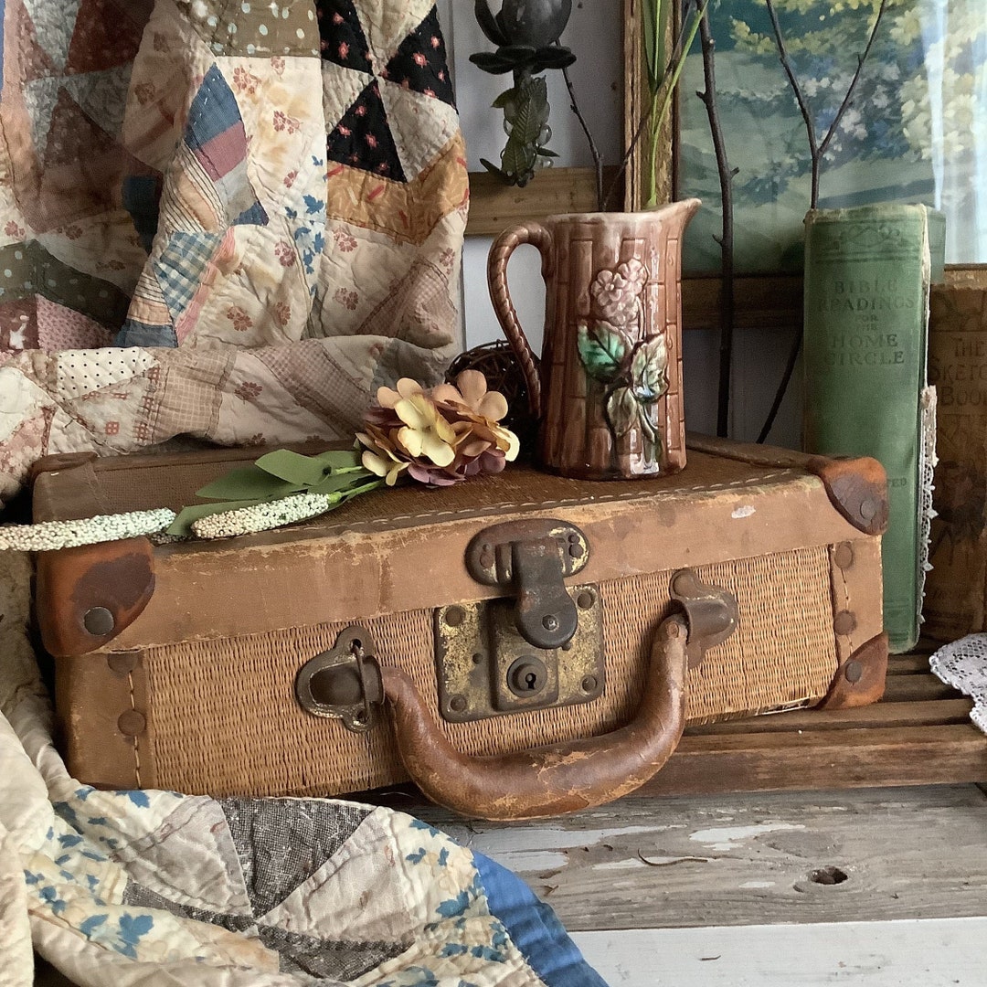 Antique Wicker Suitcase 14 X 10 Travel Case Primitive Rustic Country ...