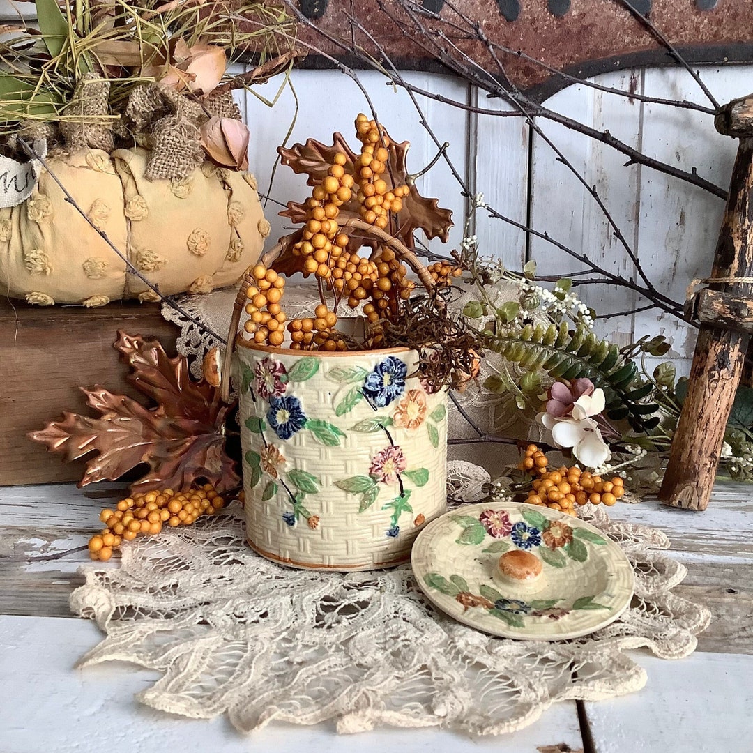 Vintage Biscuit Jar Sugar Bowl Japan Floral Basket Weave Jar French ...