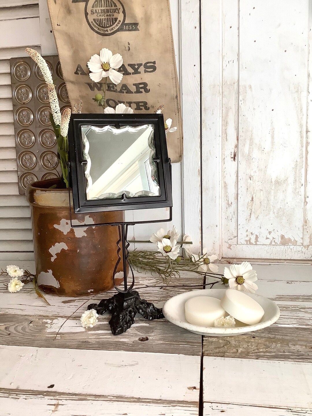 Antique Shaving Mirror Stand Beveled Edge Pie Crust Swivel Mirror ...