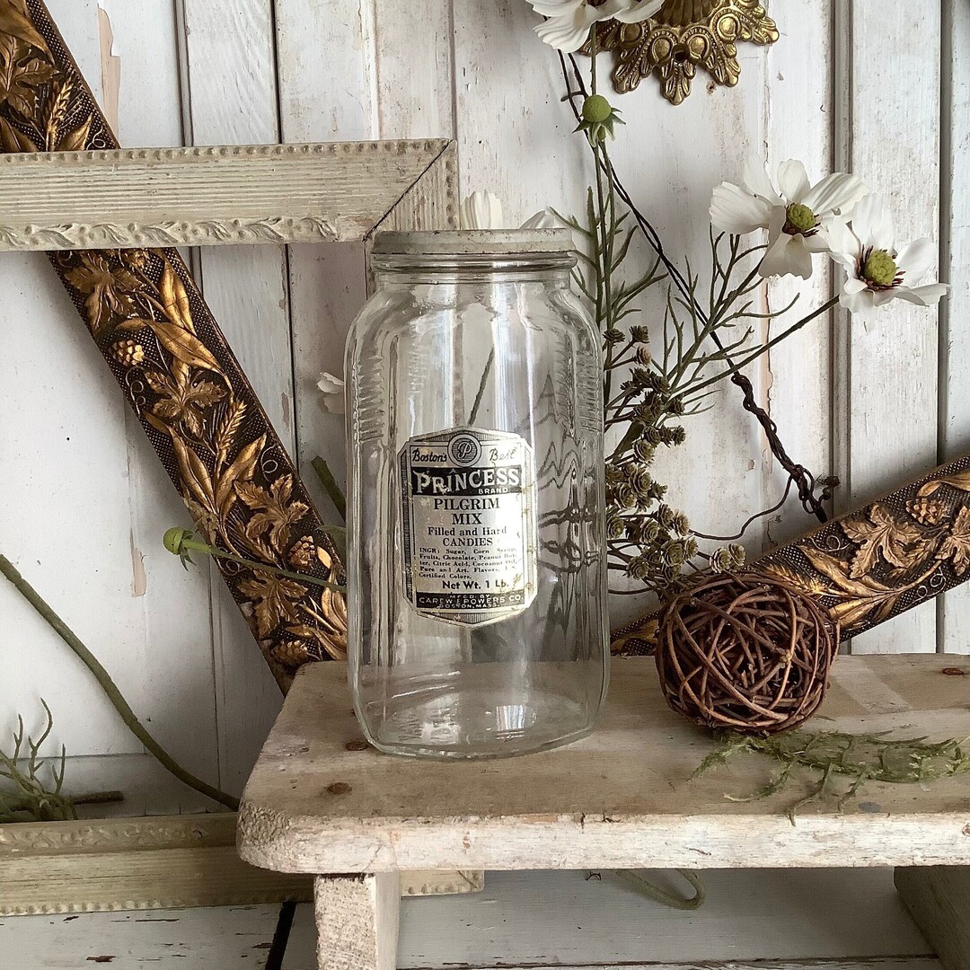 Antique Glass Candy Jar Princess Pilgrim Mix Boston Mass Food Jar ...