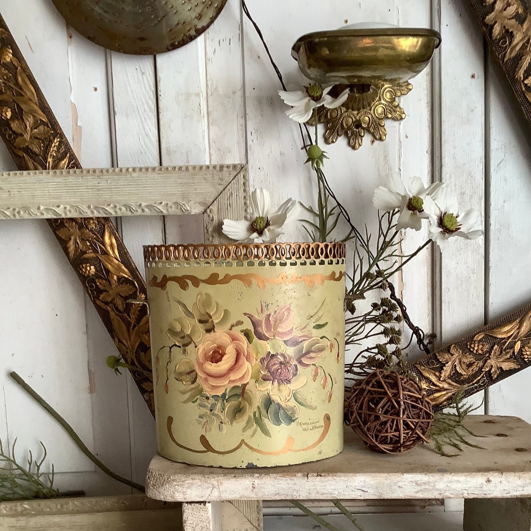 Vintage Toleware Cachepot Can Container Marian Walker Hand Painted ...