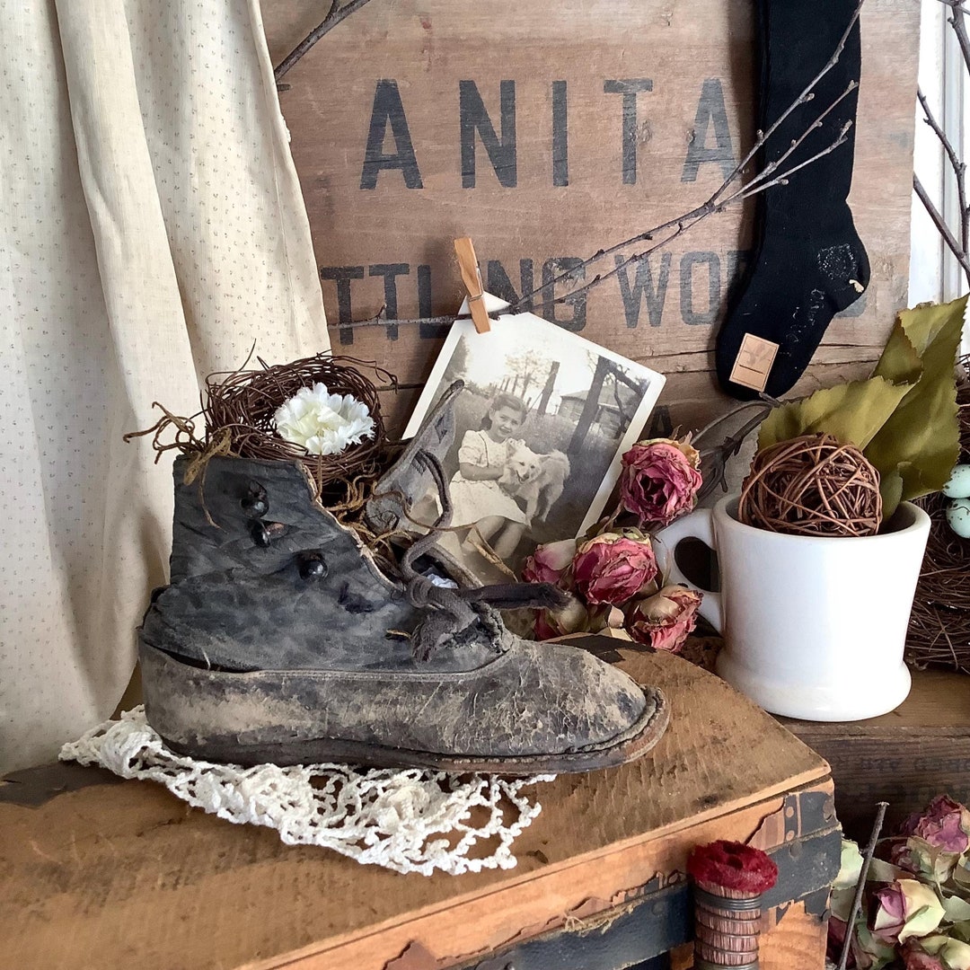 Antique Childs Black Leather Shoe Button up Boot Aged & Time Worn ...