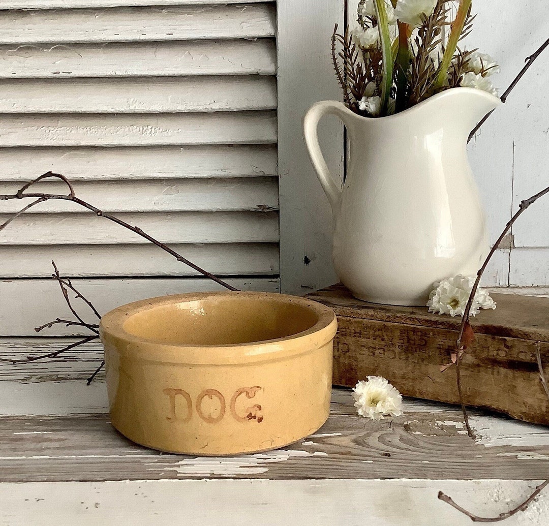 Antique Yellow Ware Dog Pet Bowl Dish 6 Inch Roseville Pottery Kitchen ...