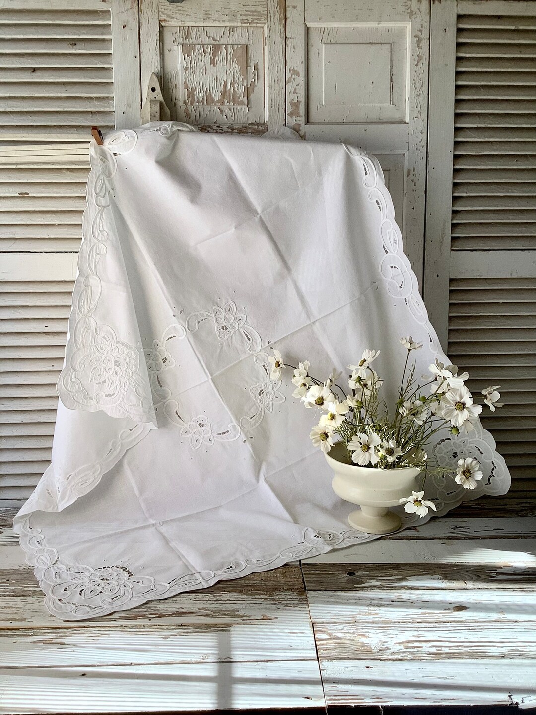 Antique White Cut Work Lace Tablecloth 42 Square Vintage Edwardian ...