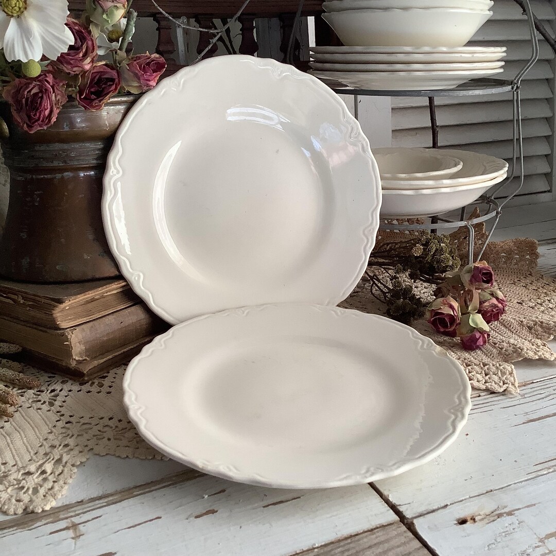 2 Vintage White Dinner Plates Scalloped Edge China Creamware Shabby ...