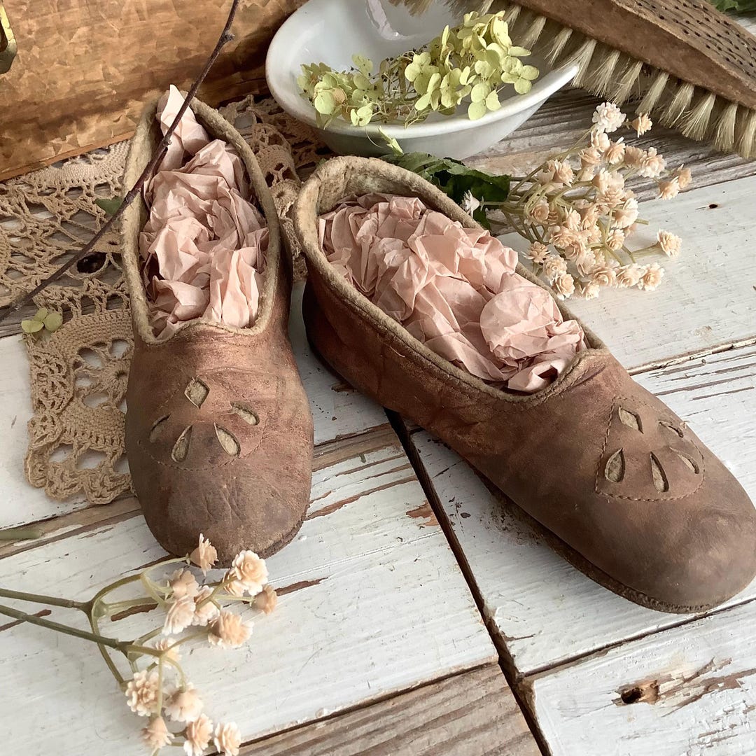 Antique Childrens Slippers Shoes Brown Leather Tear Drop Design on Toe ...