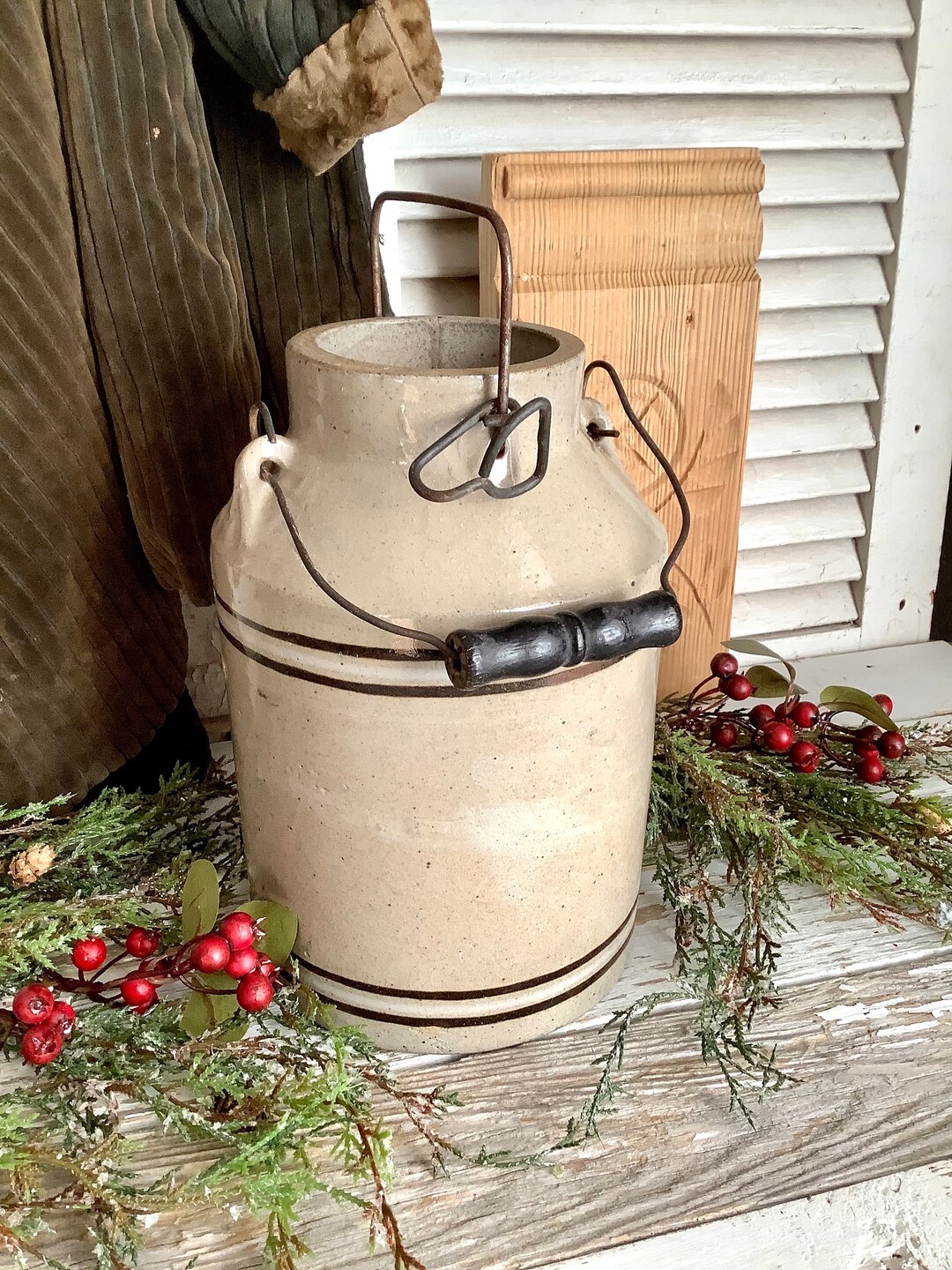 Antique 1 Gal. Stoneware Crock Jar Turned Wood Bail Handle American ...