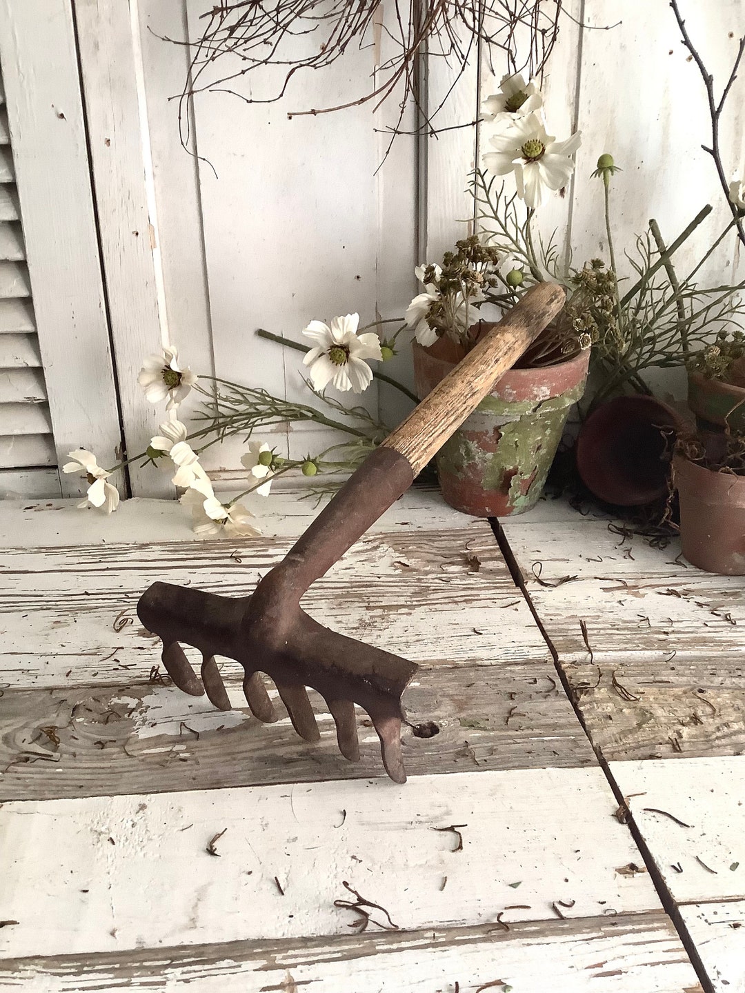 Antique Make Do Hand Rake Metal Rustic French Country Farmhouse Vintage ...