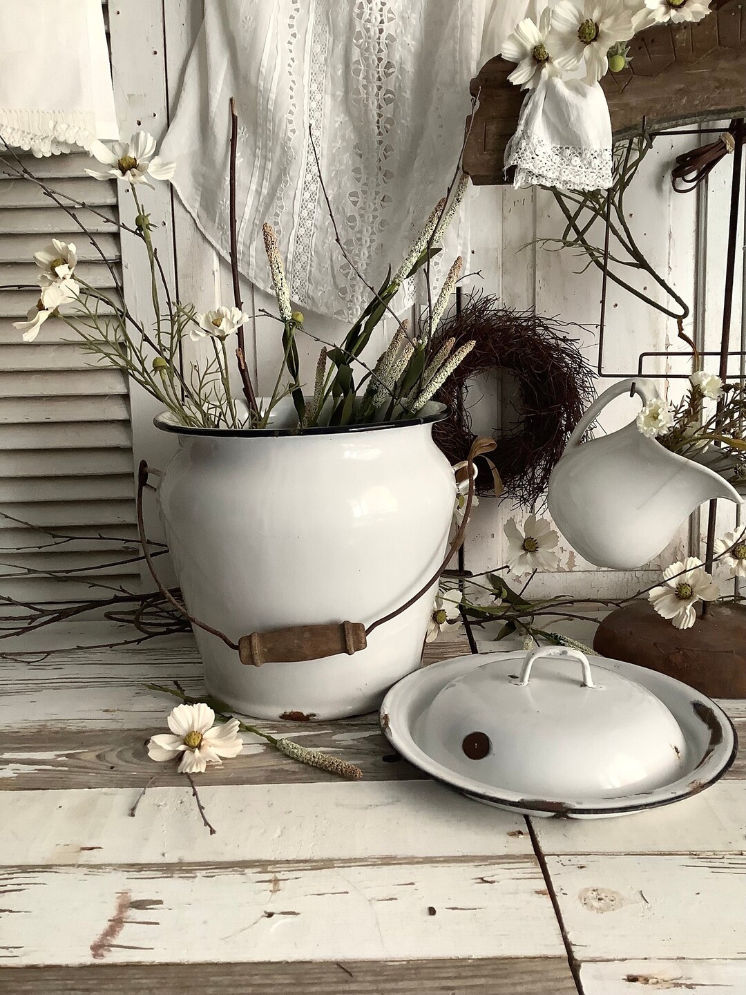 Antique White Enamelware Slop Pot Bail Handle French Country American ...