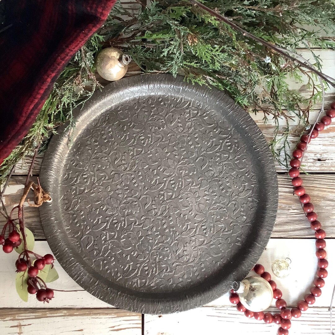 Vintage Lg Old Metal Stamped Tin Platter Tray 13 Inch French Country ...