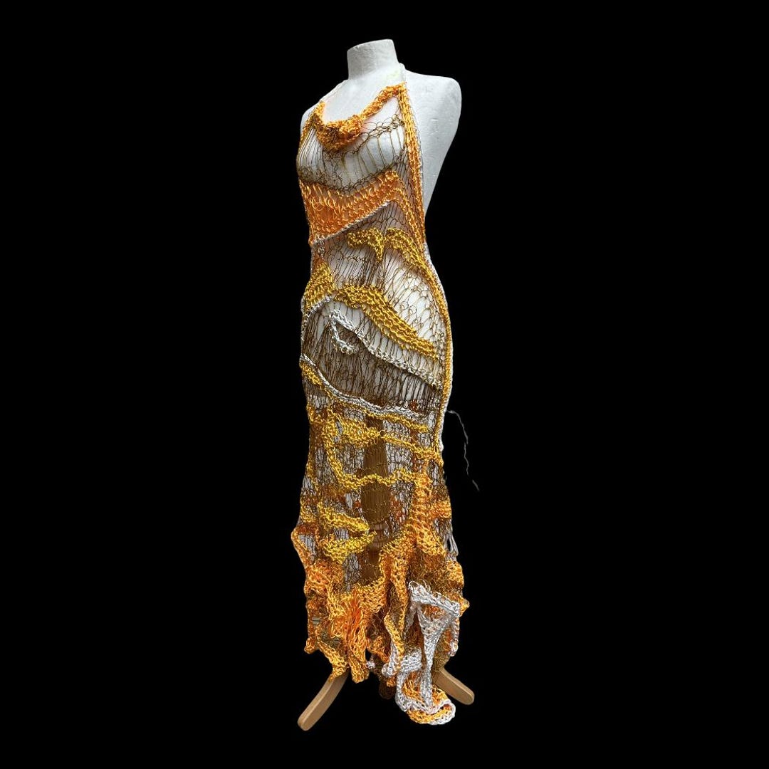 Gold Satin and Gold Thread Maxi Dress, Crochet Dress, Wearable Art ...