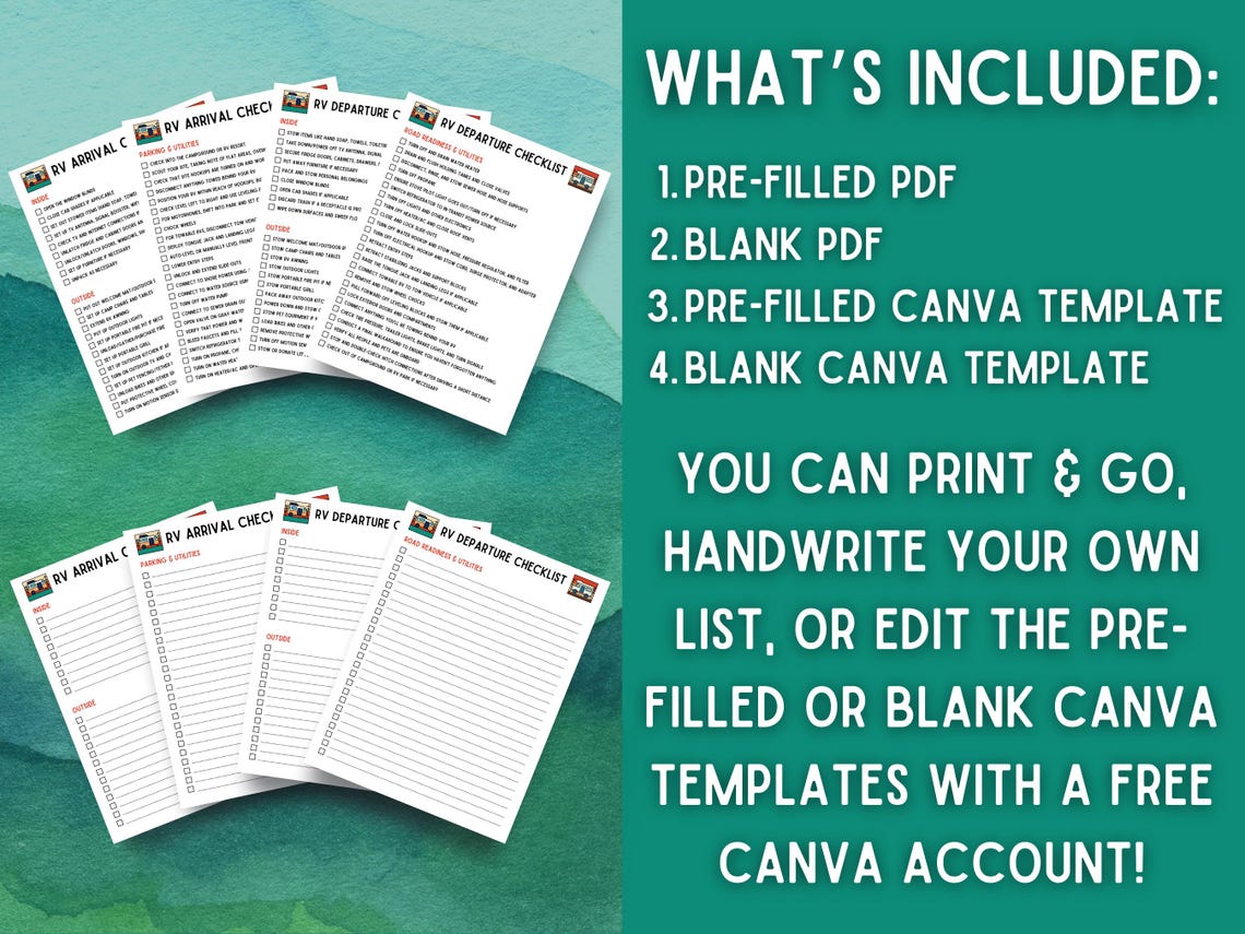 RV Arrival and Departure Checklist Bundle, PRINTABLE & Editable, RV ...