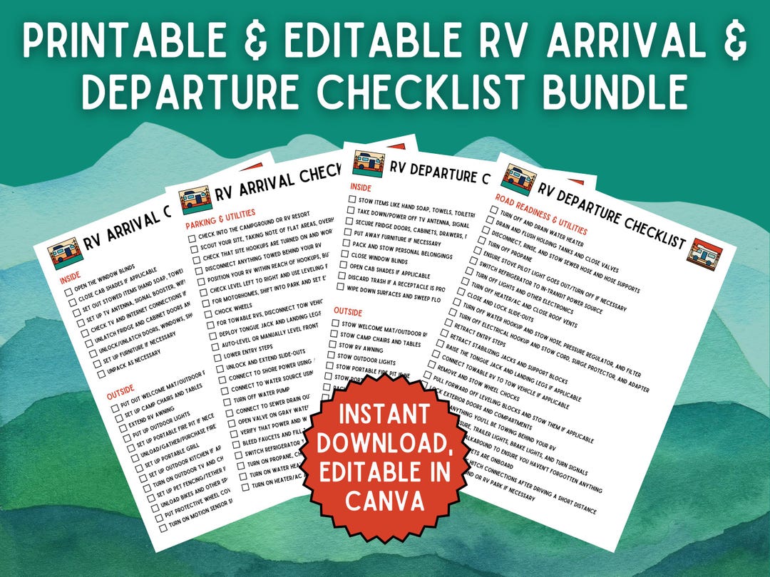 RV Arrival and Departure Checklist Bundle, PRINTABLE & Editable, RV ...