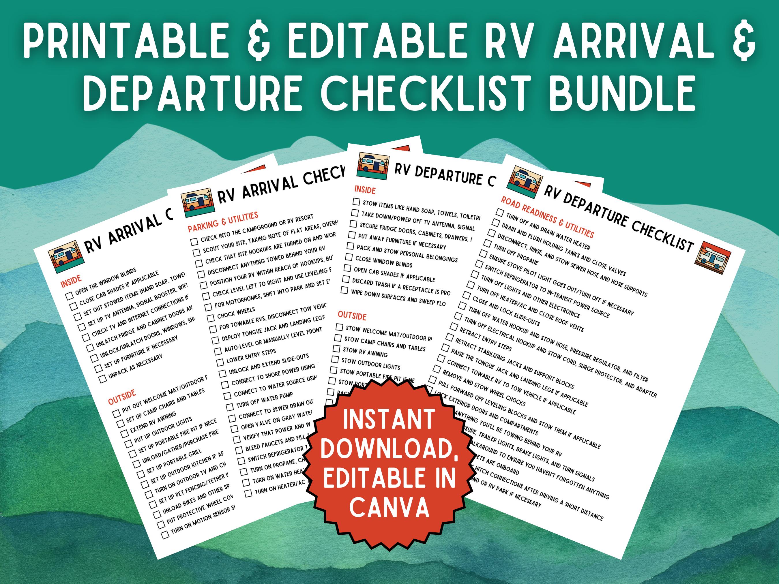 RV Arrival and Departure Checklist Bundle, PRINTABLE & Editable, RV Checklists, Motorhome ...