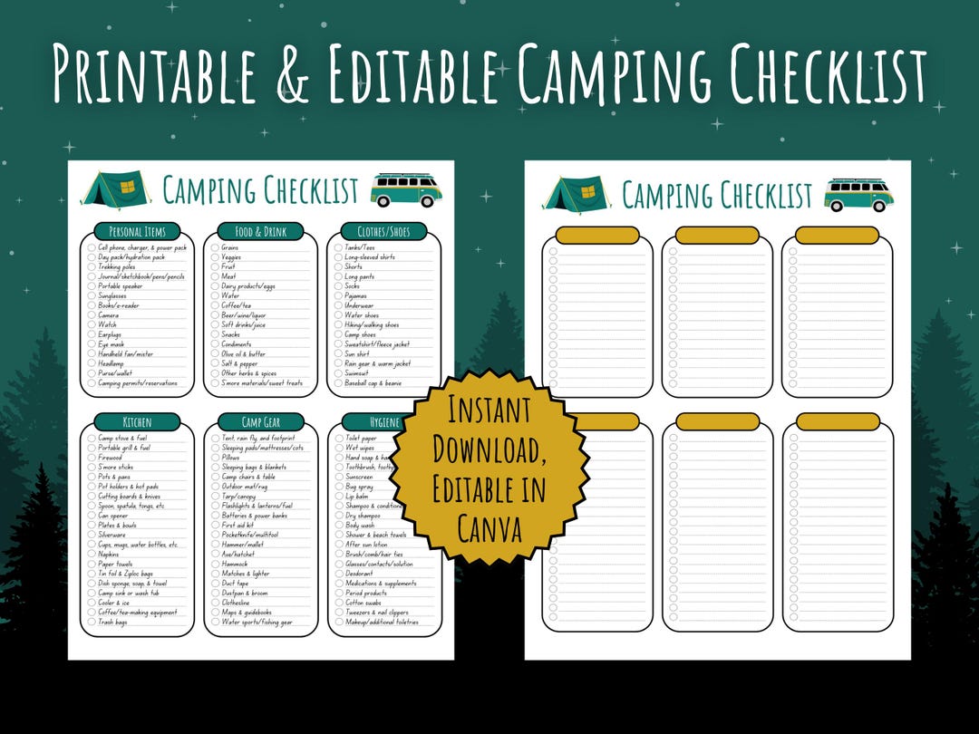 PRINTABLE & EDITABLE Camping Checklist, Camping Packing List, Packing ...