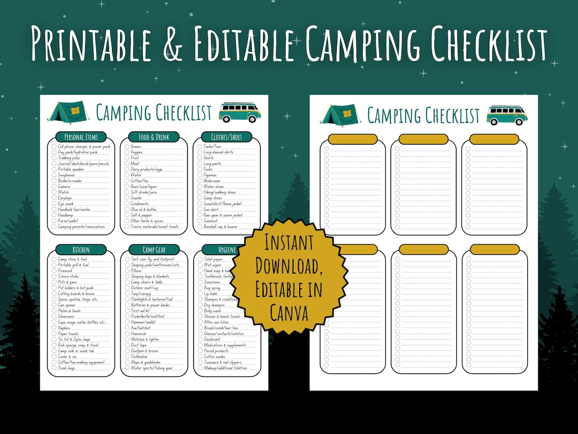 PRINTABLE & EDITABLE Camping Checklist, Camping Packing List, Packing ...