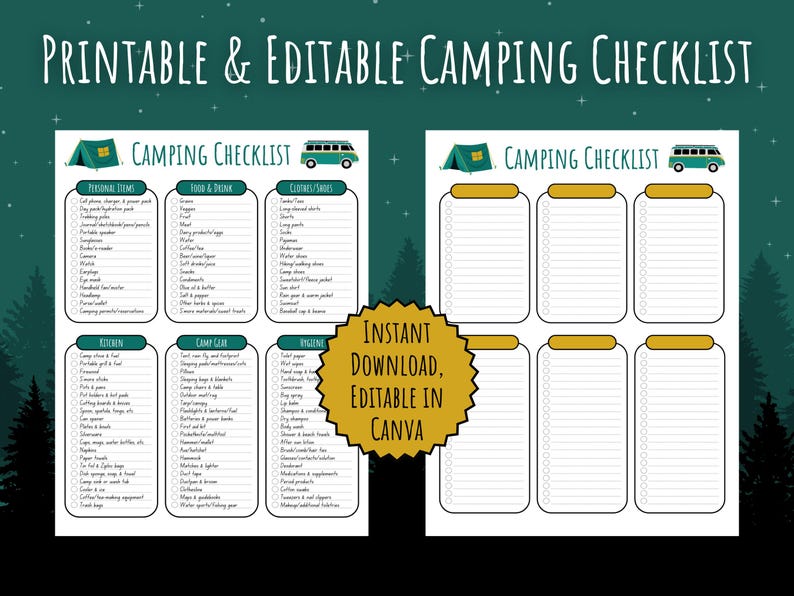PRINTABLE & EDITABLE Camping Checklist, Camping Packing List, Packing ...