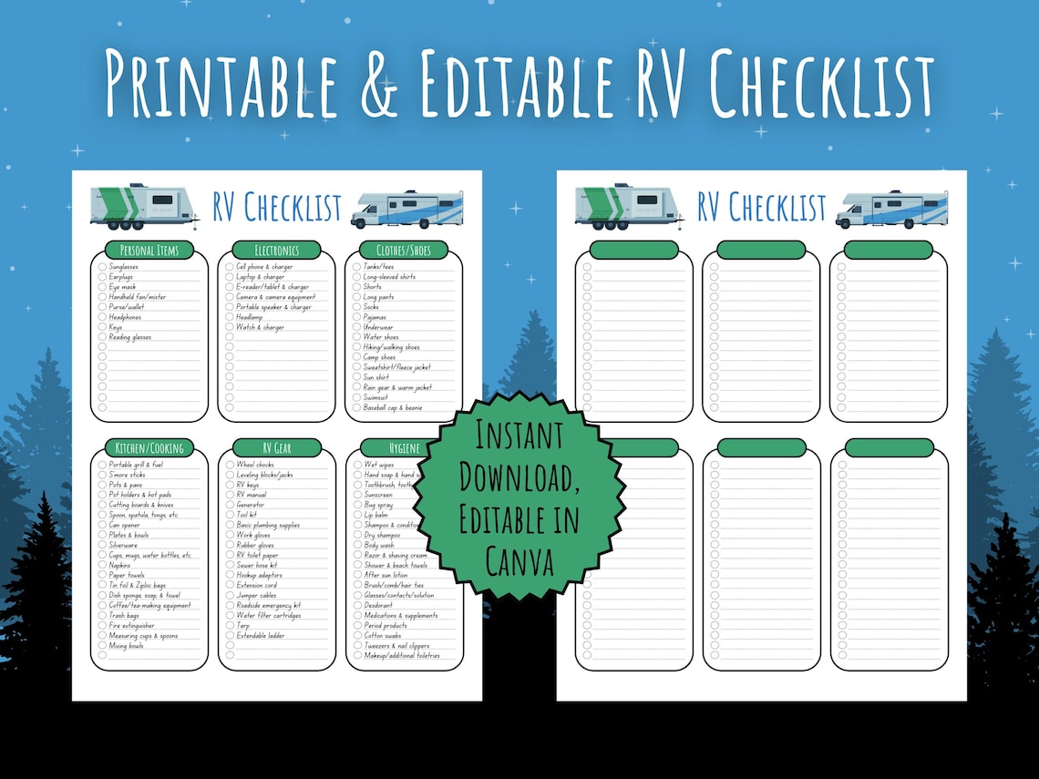 PRINTABLE & Editable RV Checklist, RV Packing List, Packing List ...