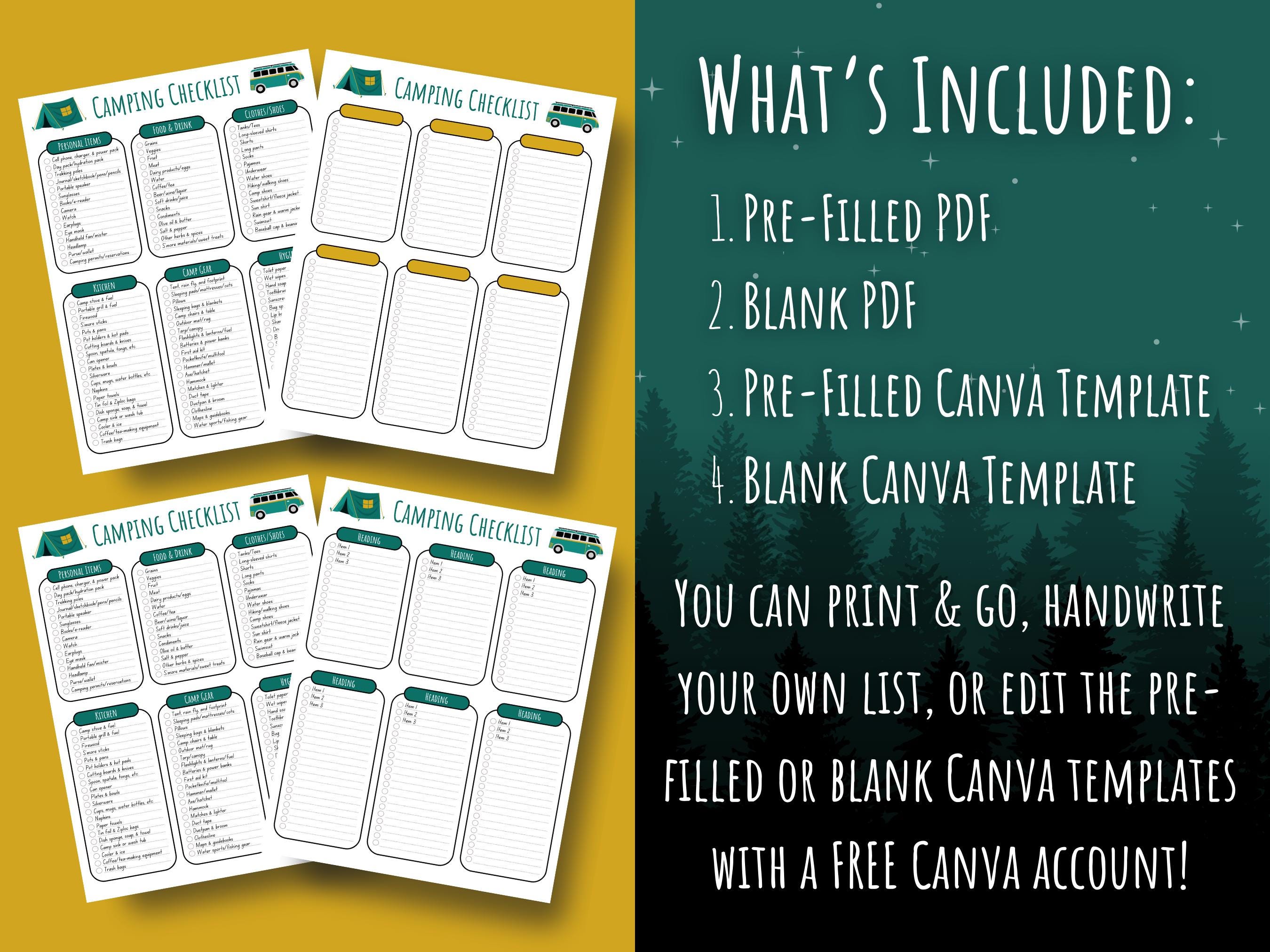 PRINTABLE & EDITABLE Camping Checklist, Camping Packing List, Packing ...