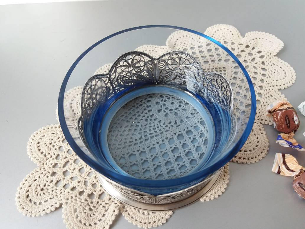 Antique Blue Glass Bowl With Silver Plated Filigree Stand Etsy