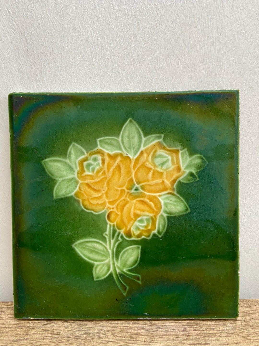 Antique Art Nouveau Tile | Yellow Rose Floral Design by Sherwin ...