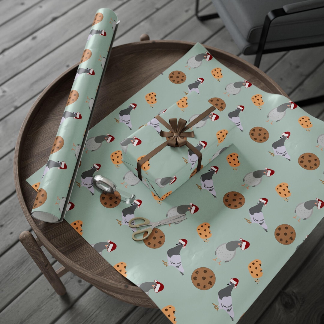 Funny Pigeon Christmas Wrapping Paper, Santa Hat Birds & Cookies Gift ...