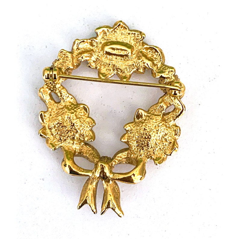 Avon 1994 Rose Wreath Pin - Antiqued Gold-tone With Red Crystals ...