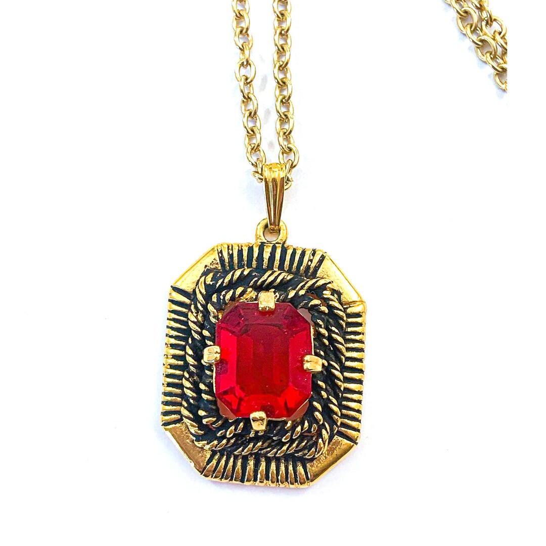 Sarah Coventry "majorca" Red Cut Glass Pendant With Antiqued Gold ...
