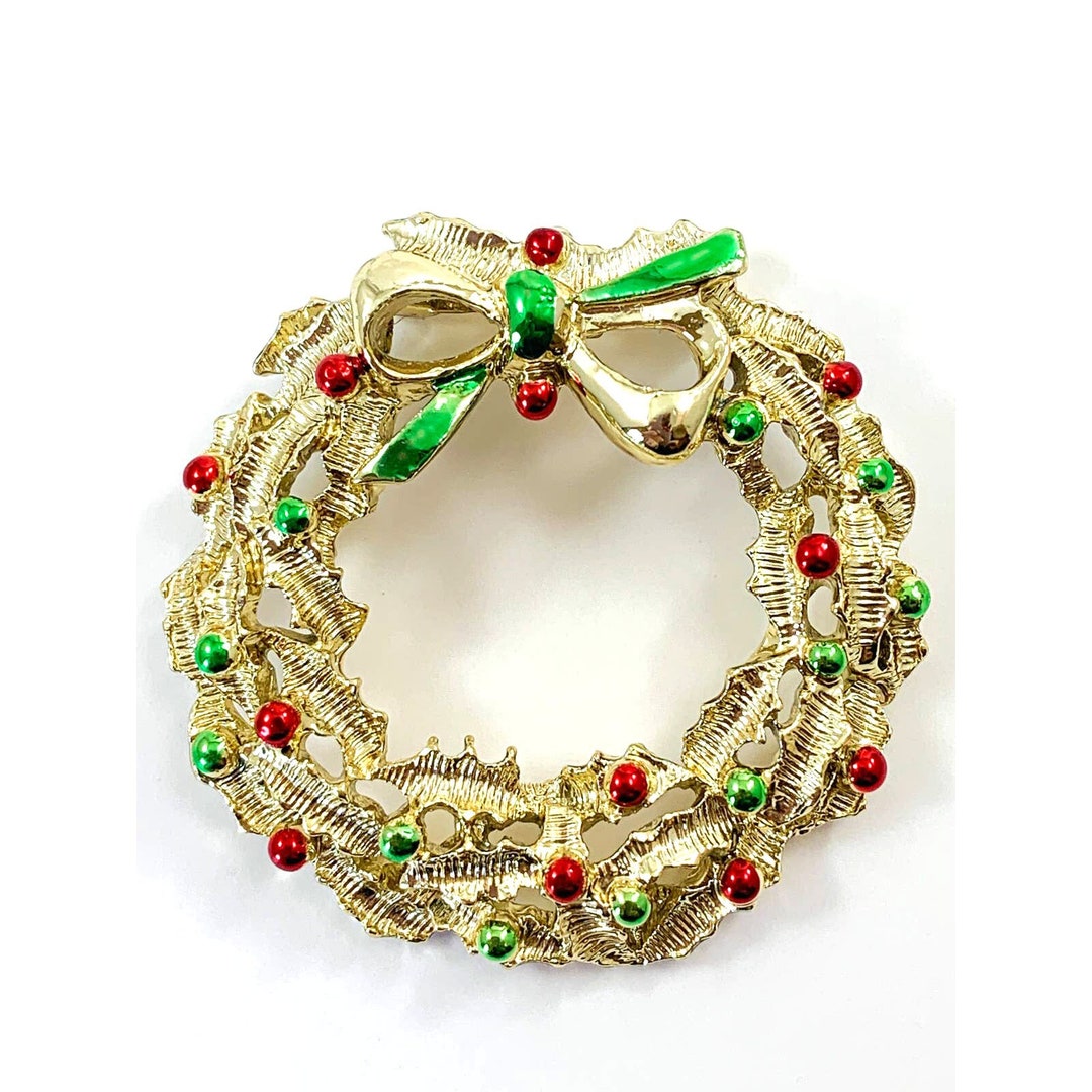 Gerry’s Christmas Wreath Brooch/pin - Metallic Enamel Berries & Bow - Etsy