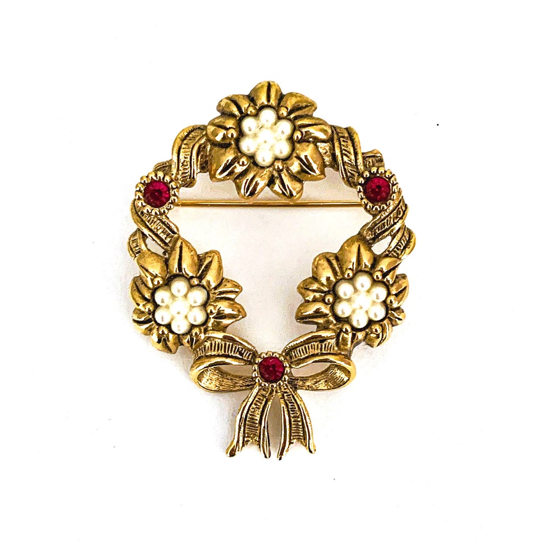 Avon 1994 Rose Wreath Pin - Antiqued Gold-tone With Red Crystals ...