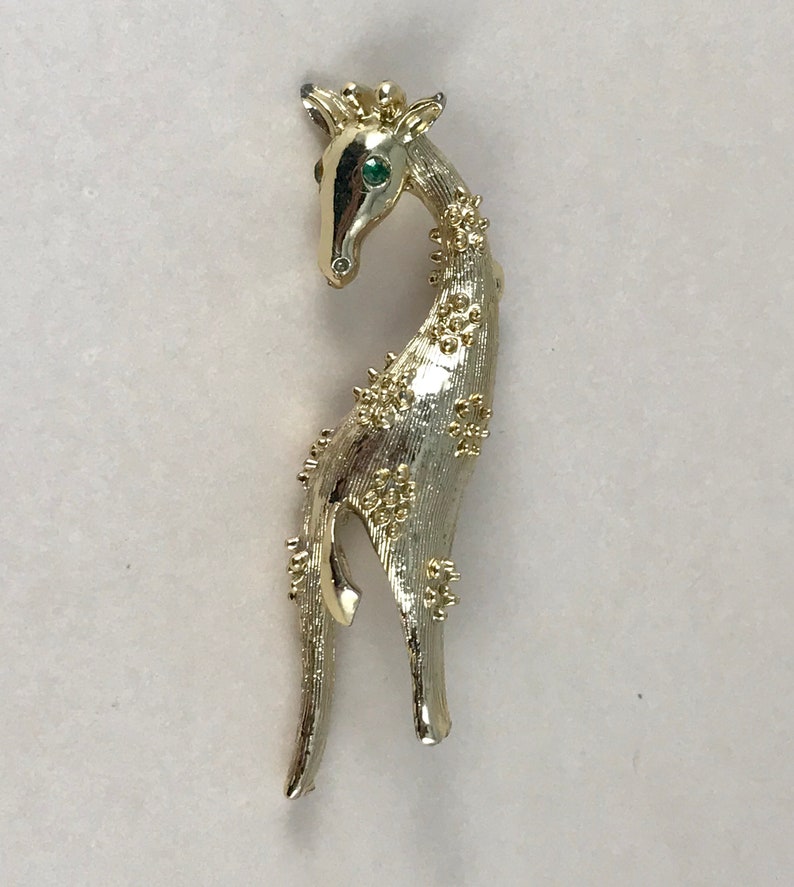Baby Giraffe Pin/ Brooch - Textured Gold-tone With Green Rhinestone ...