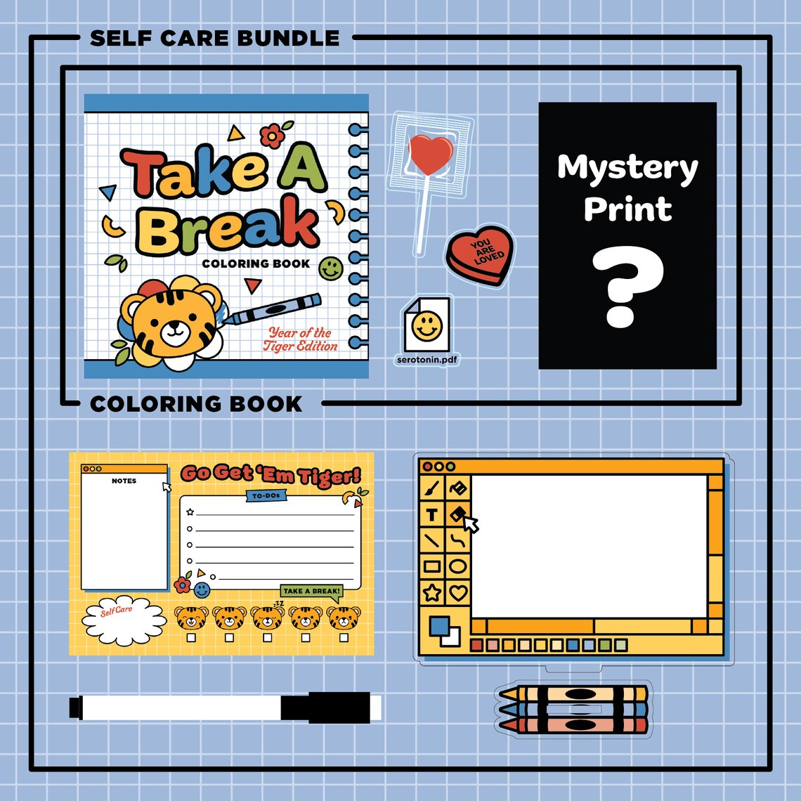 Kidcore Self Care Kit Coloring Book Notepad Stickers Mini - Etsy