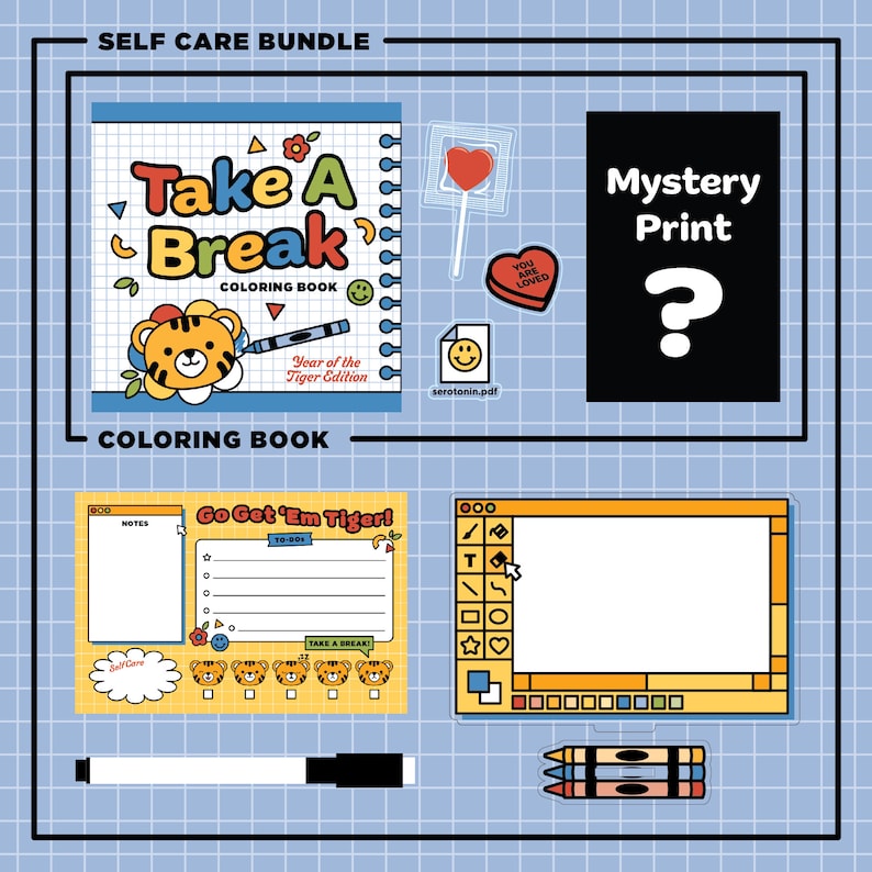 Kidcore Self Care Kit! Coloring Book, Notepad, Stickers, Mini Dry Erase ...