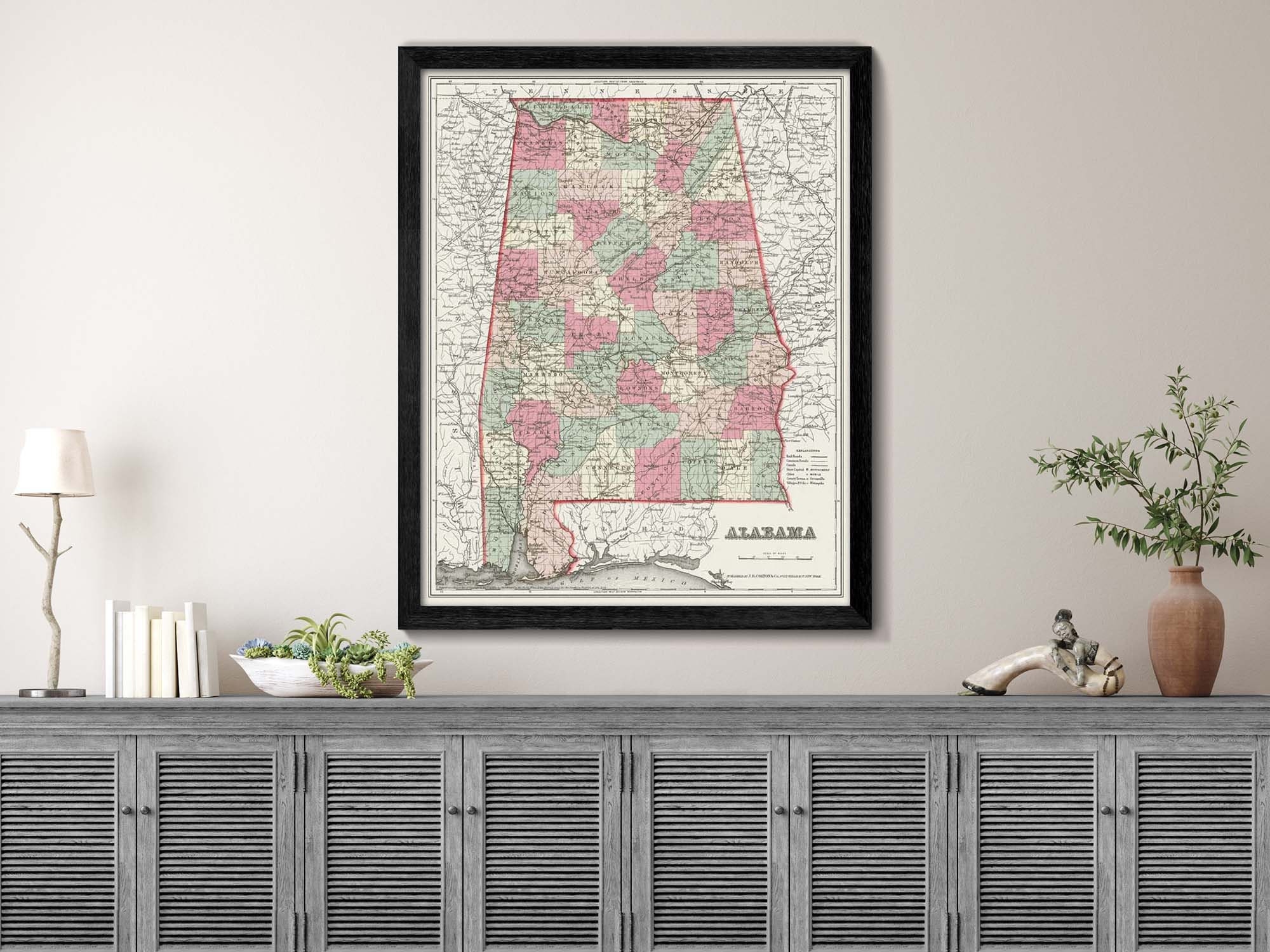 Alabama Map, State Map of Alabama, Vintage Wall Art, Colonial Antique ...
