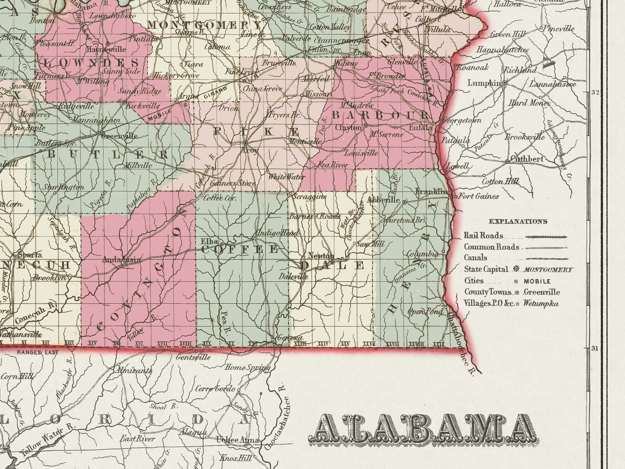 Alabama Map, State Map of Alabama, Vintage Wall Art, Colonial Antique ...