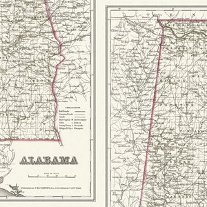 Alabama Map, State Map of Alabama, Vintage Wall Art, Colonial Antique ...