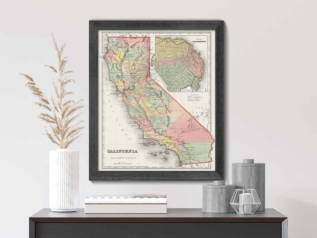 Historic State Map Art Print of California, Vintage Antique Wall Design ...