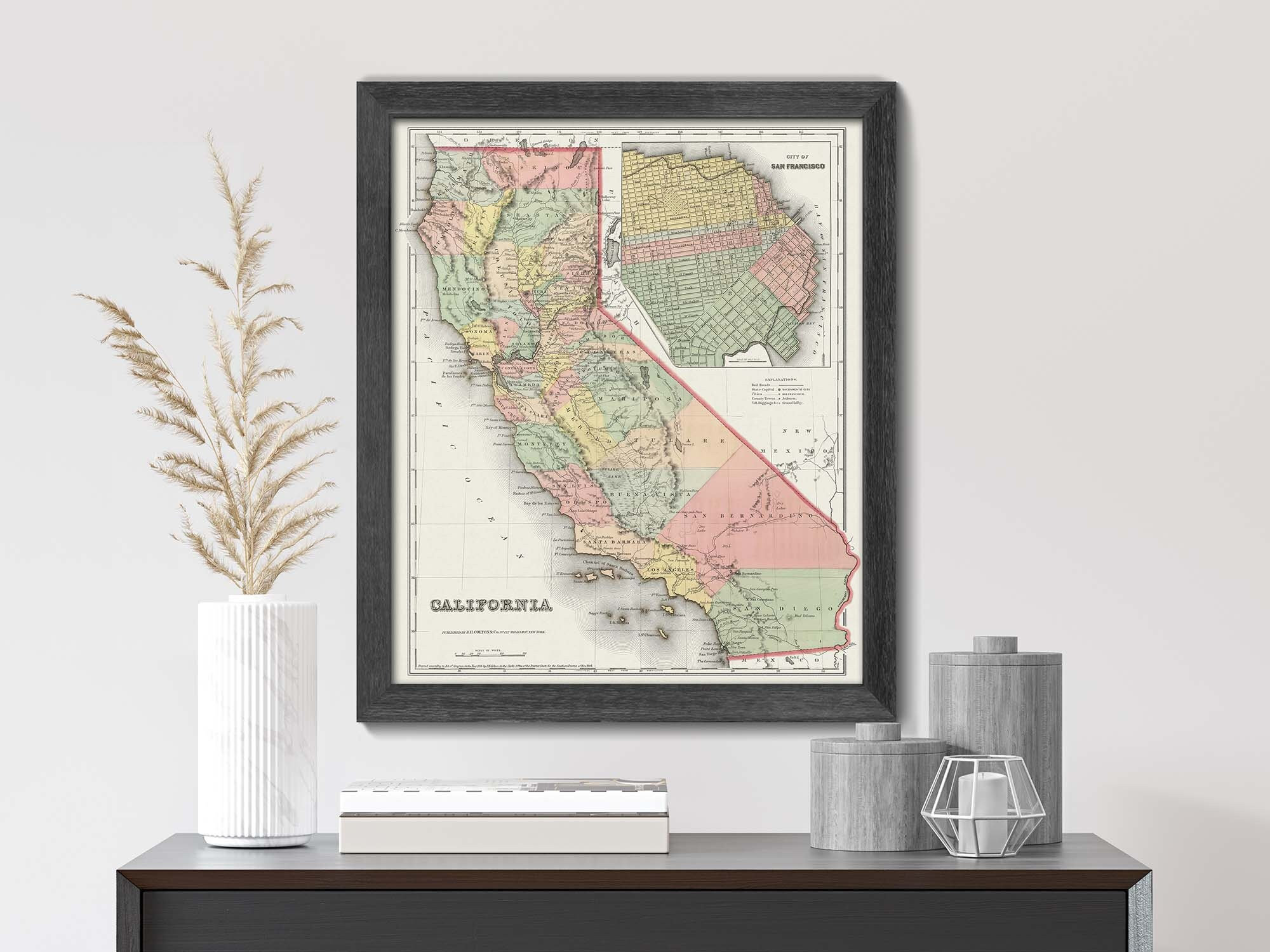 Historic State Map Art Print of California, Vintage Antique Wall Design ...